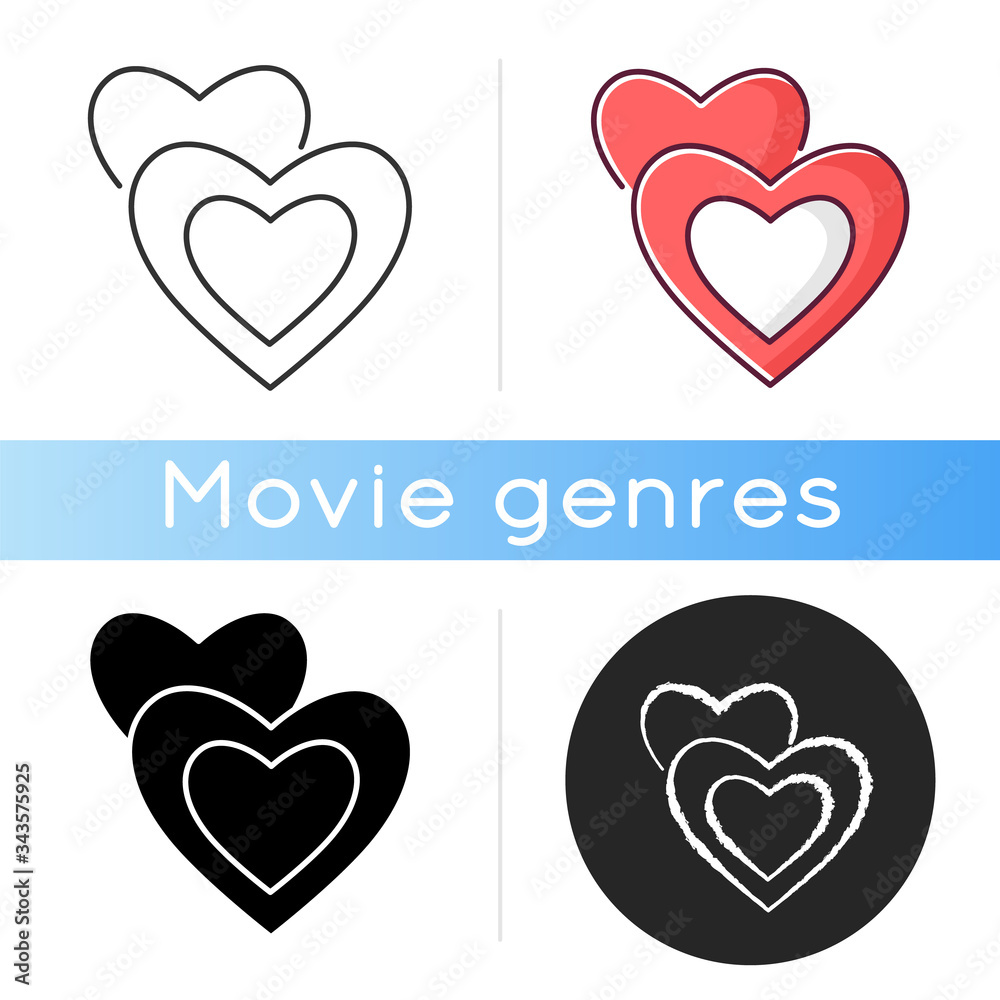 Romance icon. Linear black and RGB color styles. Romantic movie, love ...