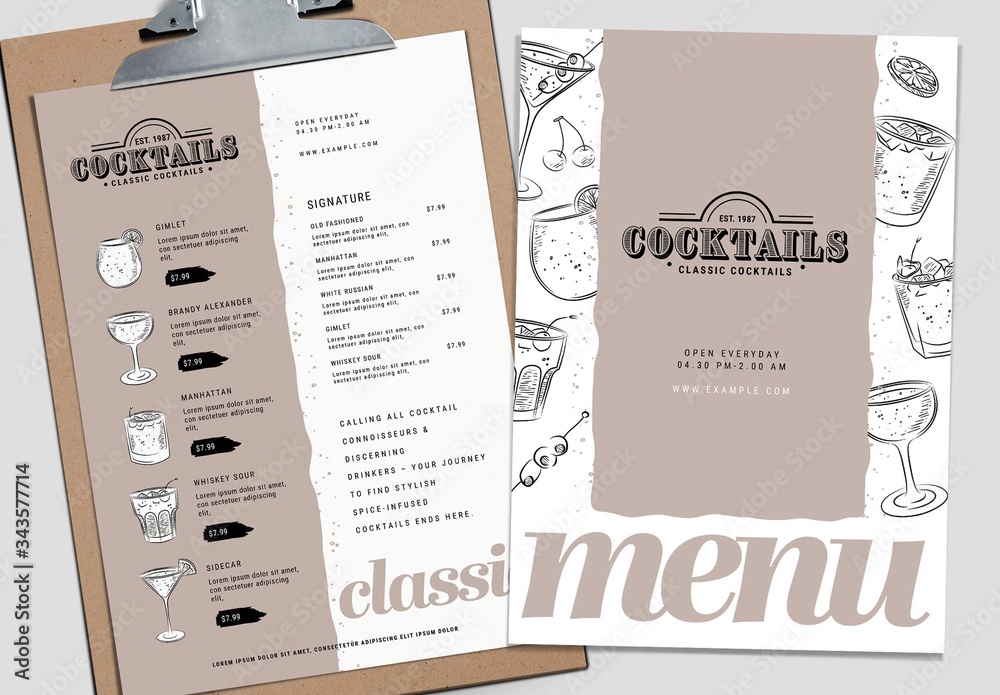 Cocktail Menu Layout with Line Art Illustrations Stock Template | Adobe ...
