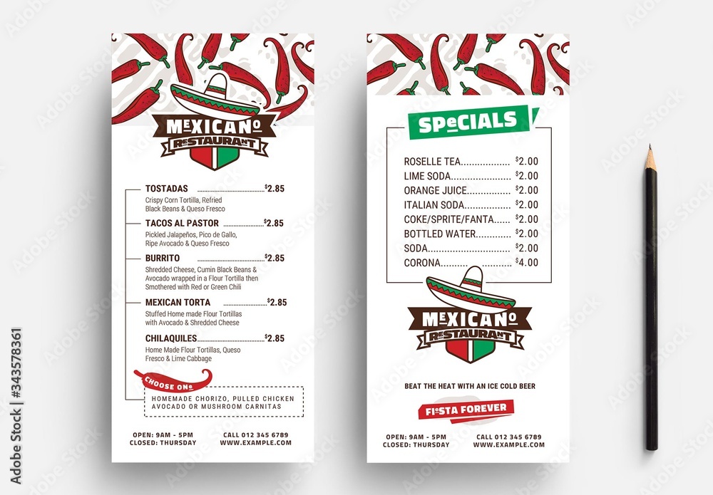 Mexican Restaurant Menu Flyer with Chile and Sombrero Illustrations ...