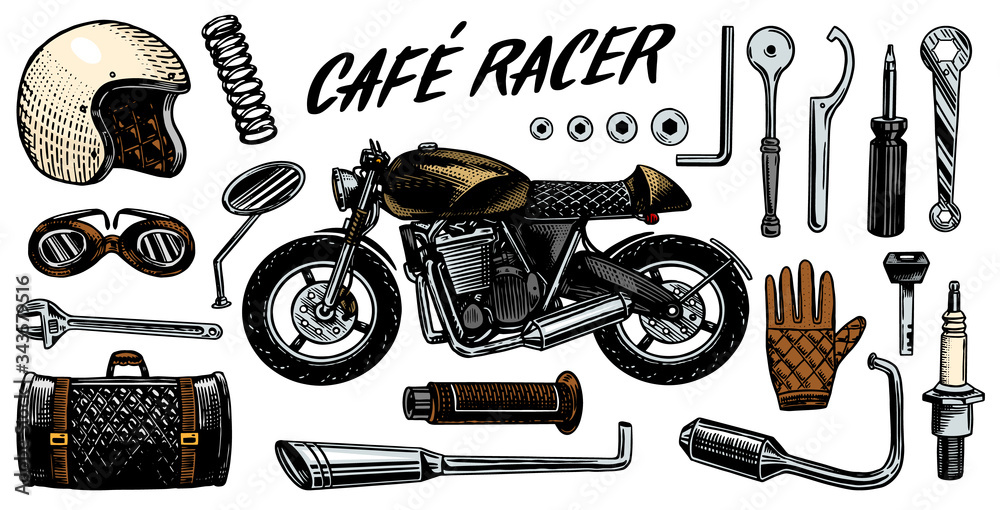 Motorcycle repair. Set of tools for the cafe racer. Bike Gloves Helmet ...