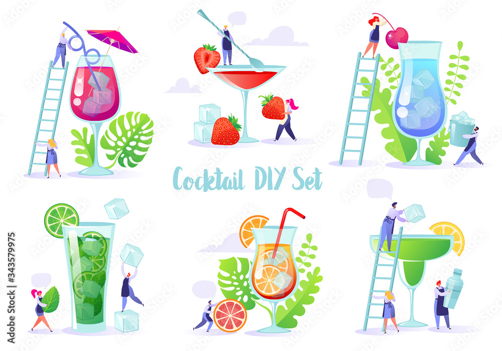 Vector illustration with flat cartoon people characters, bartender ...