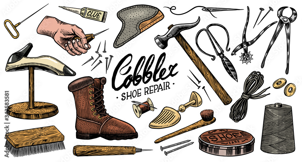 Cobbler set. Professional equipments for Shoe repair. Shoemaker or ...