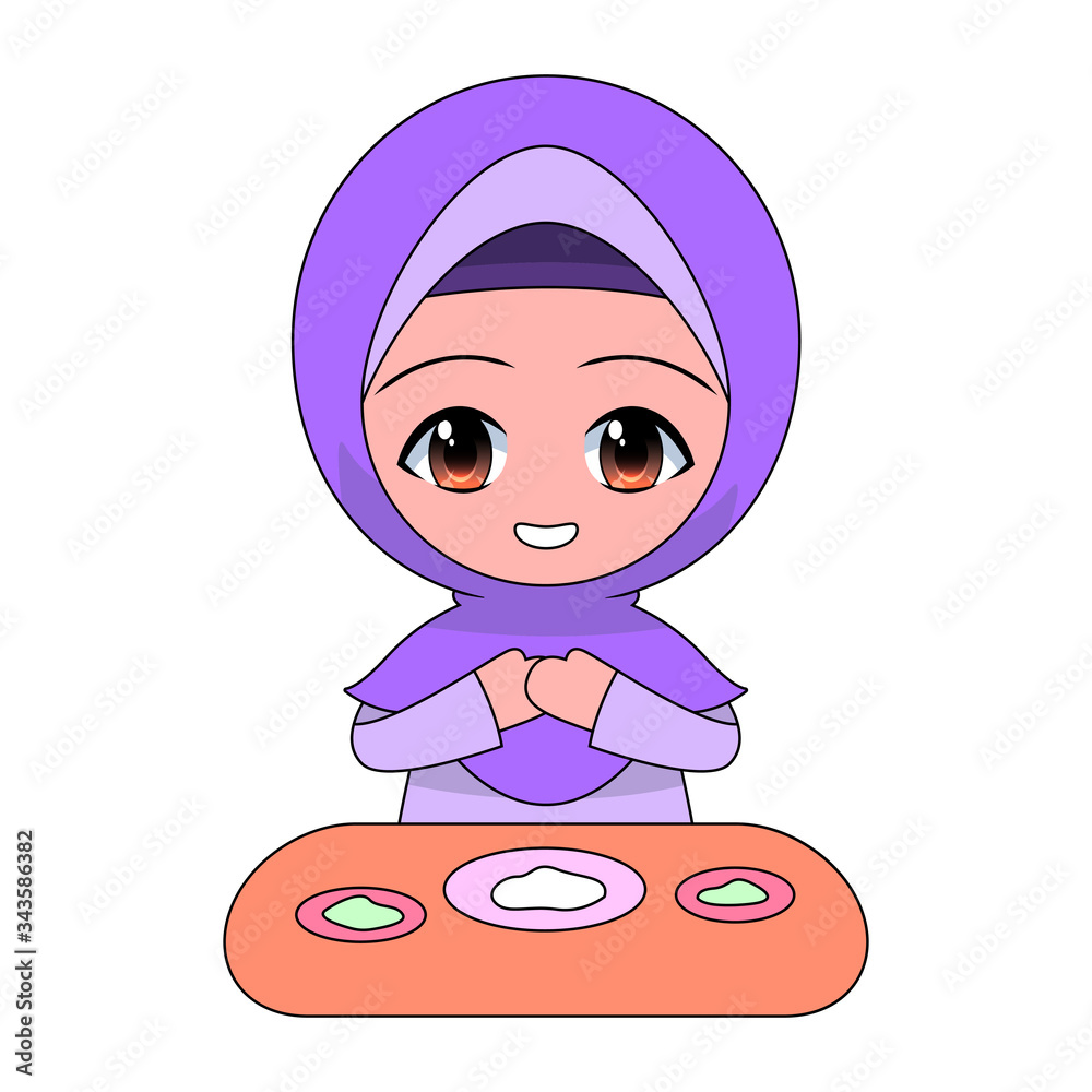 Cartoon Muslim girl eating. Daily fun activities. Funny character ...
