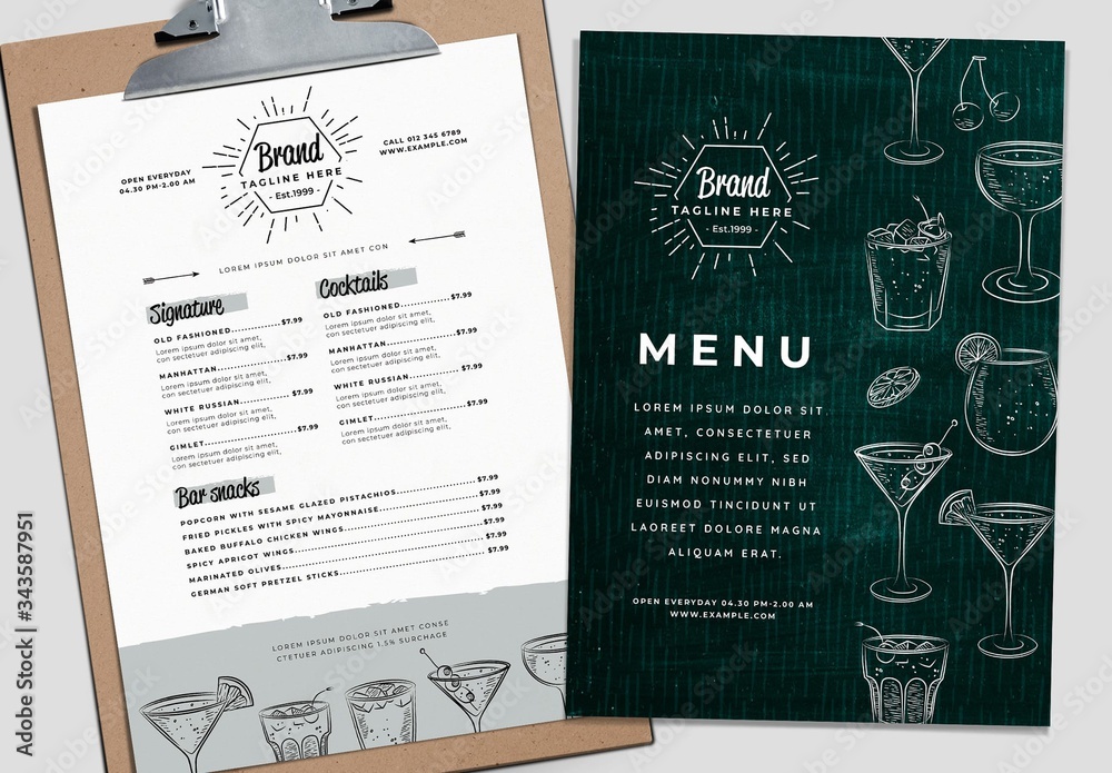 Cocktail Menu Layout with Classic Drink Illustrations Stock Template ...
