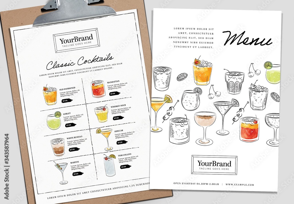 Bar Menu Layout with Watercolor Cocktail Illustrations Stock Template ...