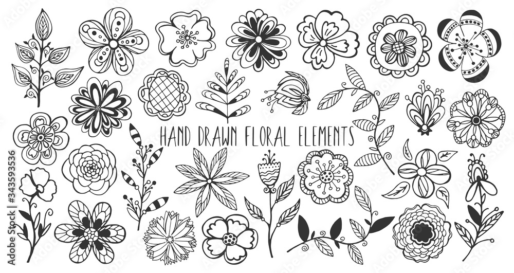 Spring set of floral elements. Hand drawn doodle sketch of blooming ...