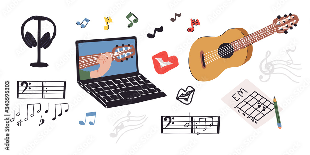 Big hand drawn music set. Various funny notes, flat note, hash note ...