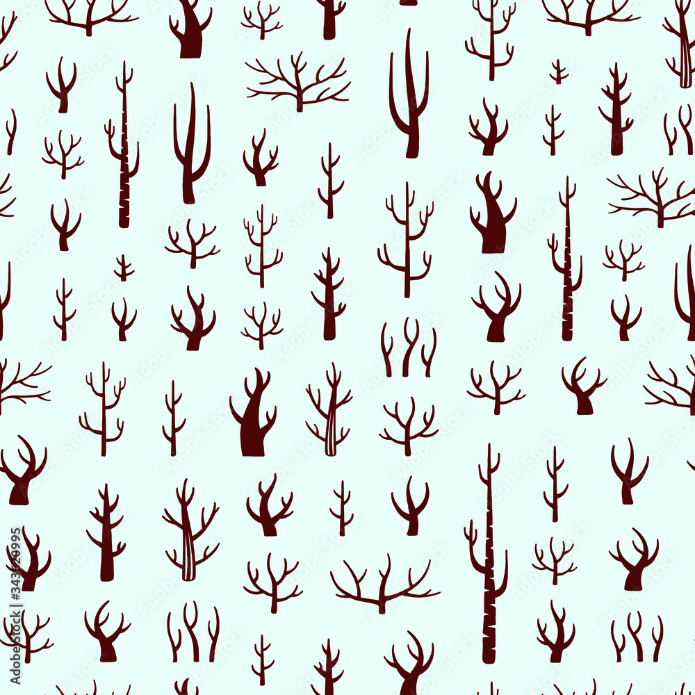 Trees without leaves on blue background. Seamless texture with trees ...