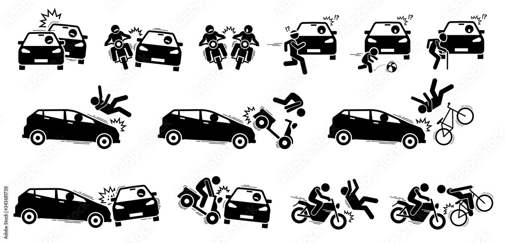 Vetor de Road accident and car crash icons. Vector artwork of road ...