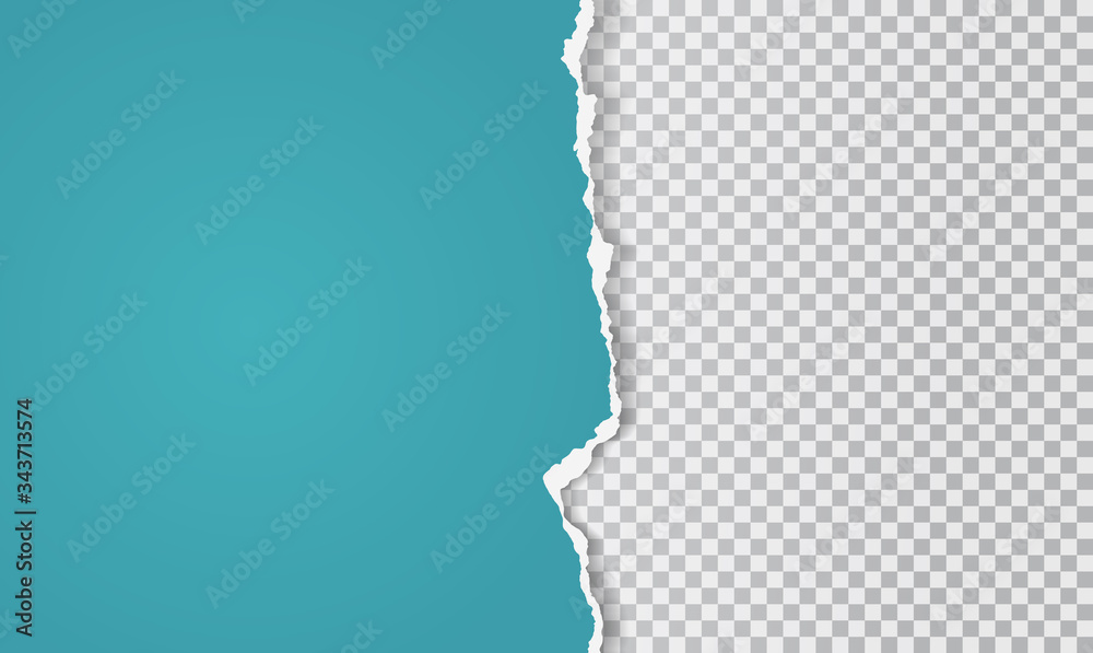 Torn, ripped piece of vertical blue paper with soft shadow are on ...