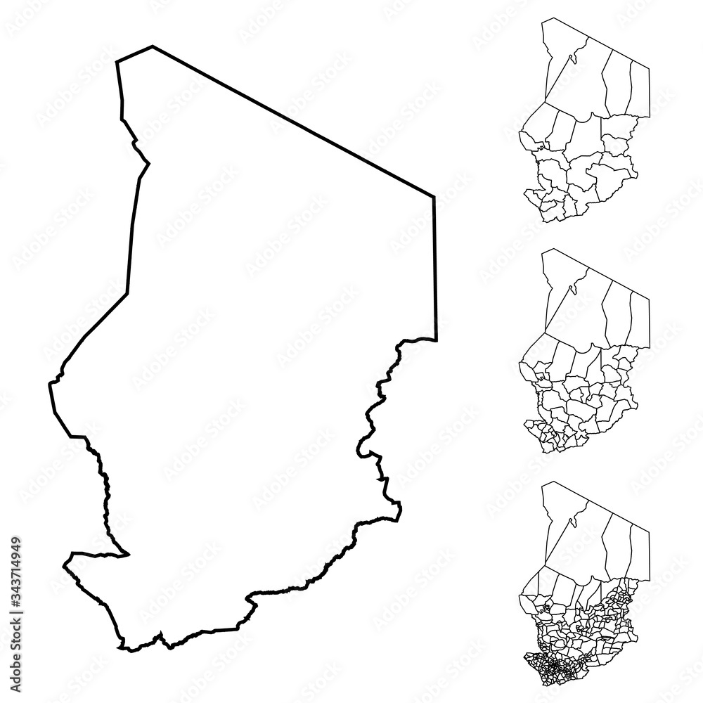 Chad outline map vector with administrative borders, regions ...