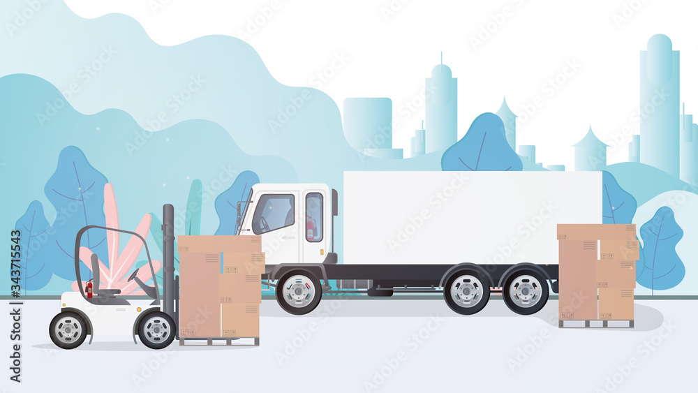 A lorry and a pallet with cardboard boxes stands on the road. Forklift ...