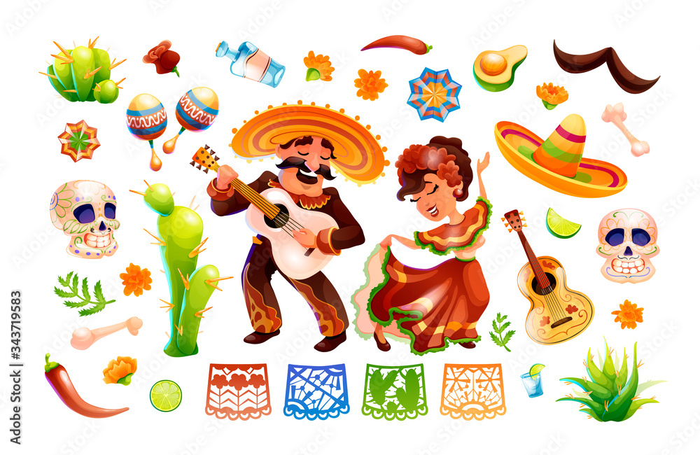 Mexican characters and objects set. Mexico symbols Stock Vector | Adobe ...