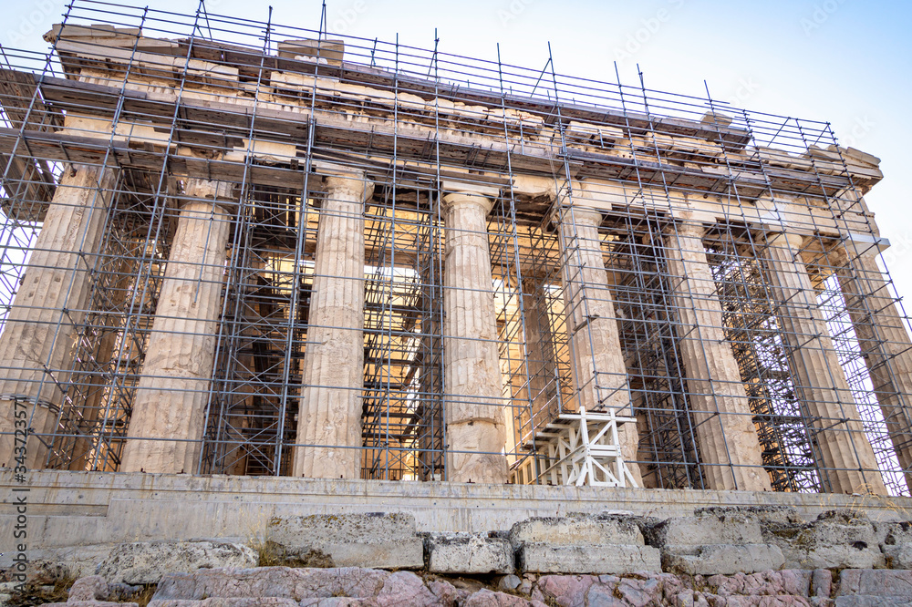 Royal view of the Parthenon Facade of Athens surrounded by scaffolding ...