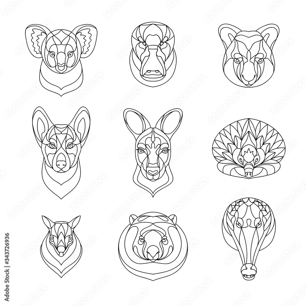 Australian animals outline coloring set. Vector illustration Stock ...
