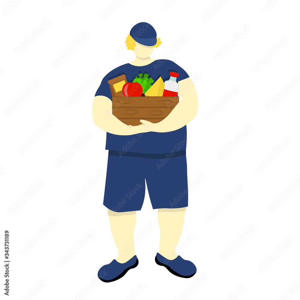courier with wooden food box. delivery from grocery farm goods or ...