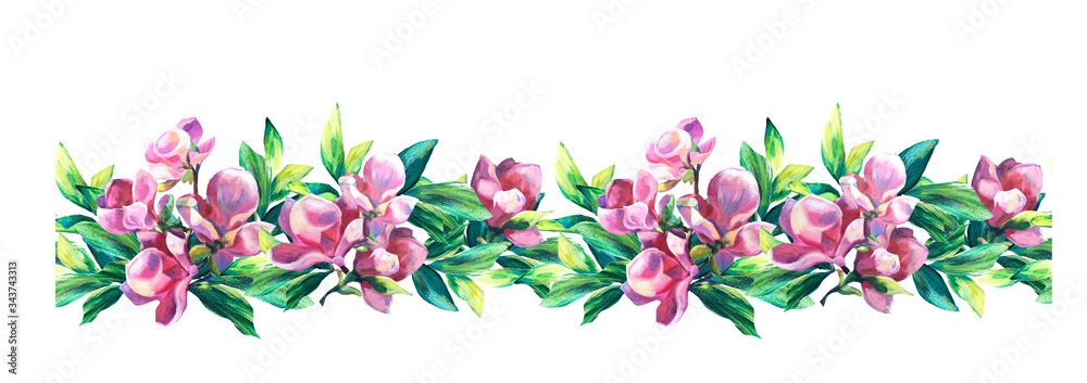 Seamless Floral Border with hand painted Flowers of Pink Magnolia and ...