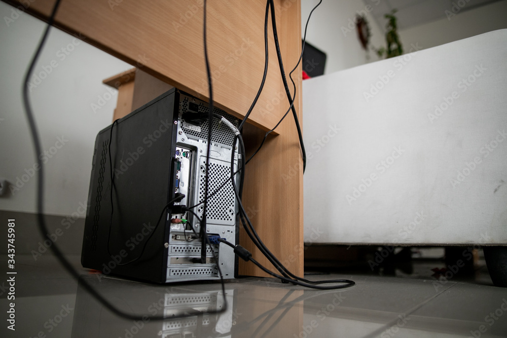 Concept of clutter in office. Unwound and tangled electrical wires ...