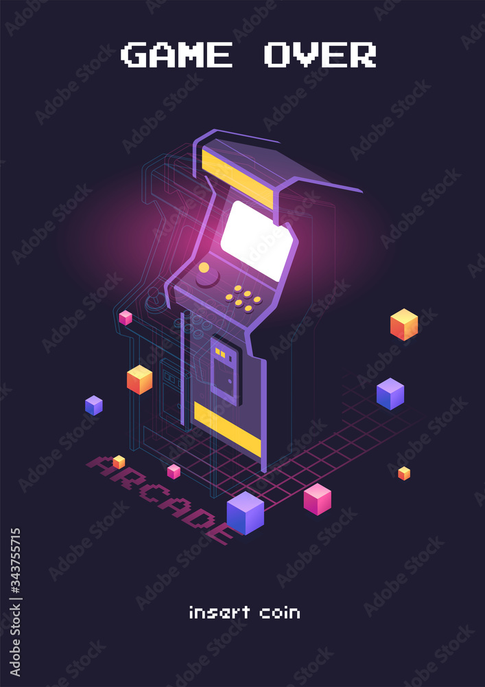 Isometric illustration of Arcade game machine. Retro gaming, Game of ...
