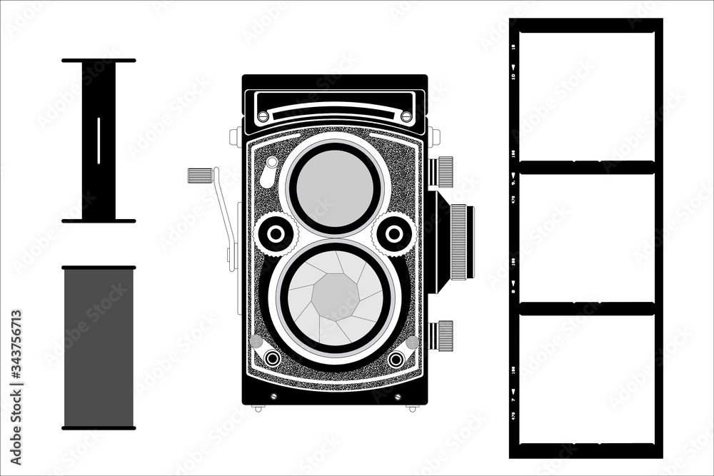 Film medium format vintage photo camera and black and white film strip ...