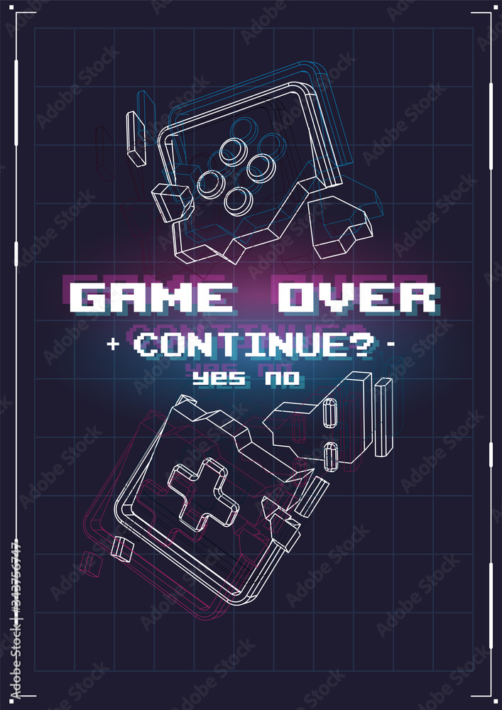 Game Over poster with lowpoly elements. Broken game controller ...
