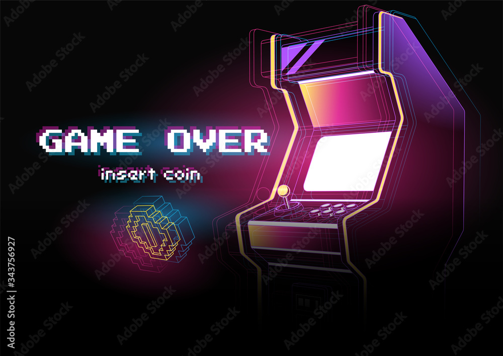 Neon illustration of Arcade game machine. Retro gaming, Game of 80s-90s ...