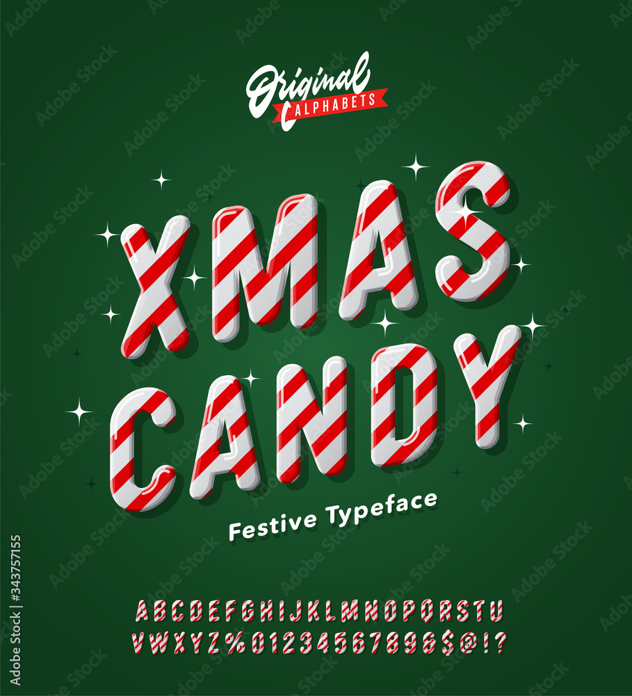Vintage 3D Striped Christmas Candy Inspired Alphabet. Retro Xmas ...