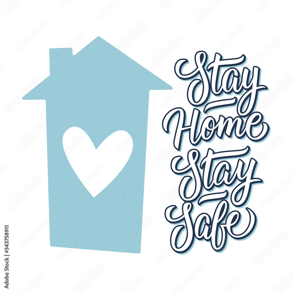Vetor de Stay Home Stay Safe lettering quote with house silhouette ...