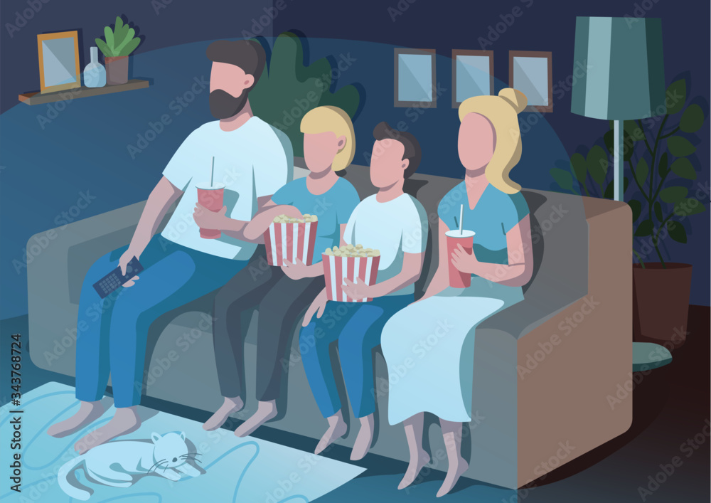 Family movie night flat color vector illustration. Mother and father ...