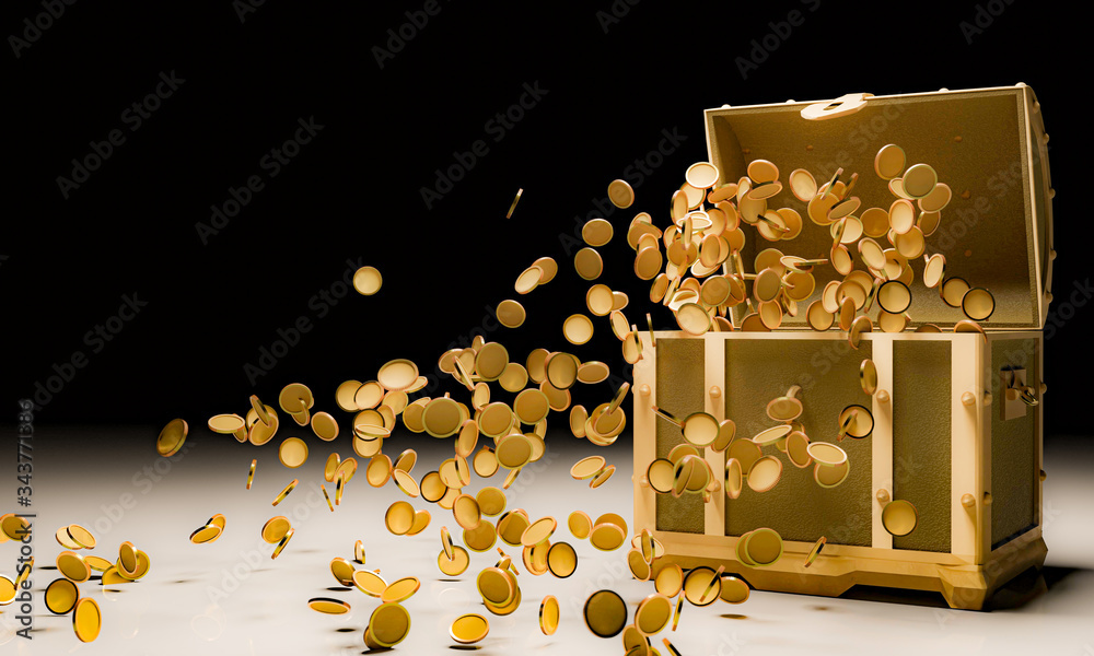 Many golden coins in golden vintage treasure chest and falling down to ...