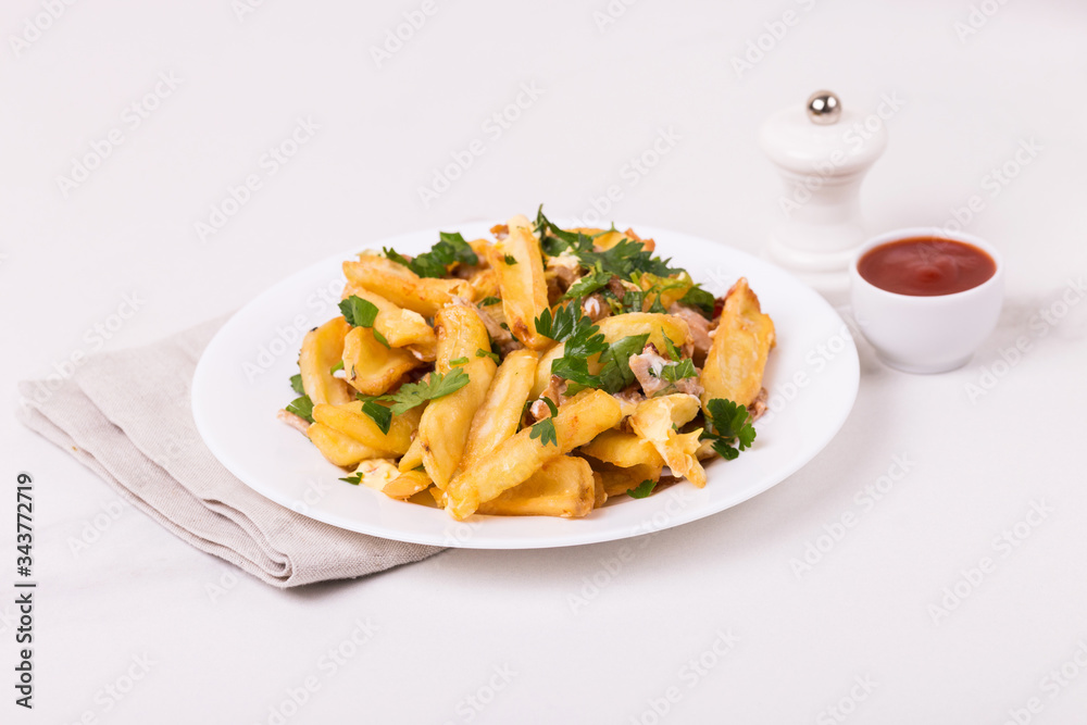 Canadian poutine french fries with brown gravy sauce, chicken and ...