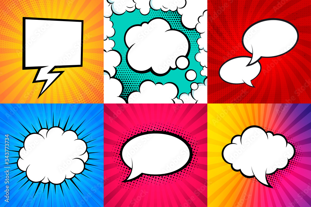 Colorful comic book background.Blank white speech bubbles of different ...