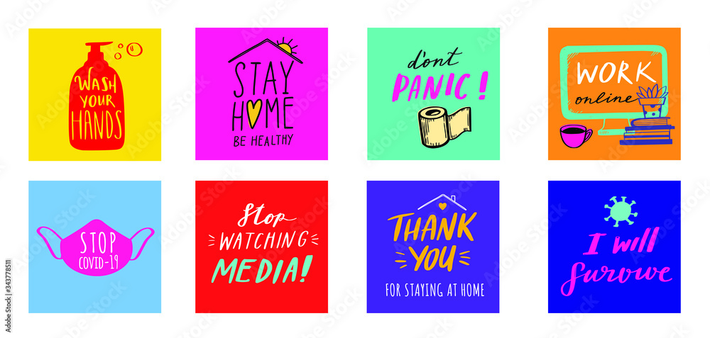 Coronavirus, Covid-19 vector hand drawn positive quotes set, Stay Home ...