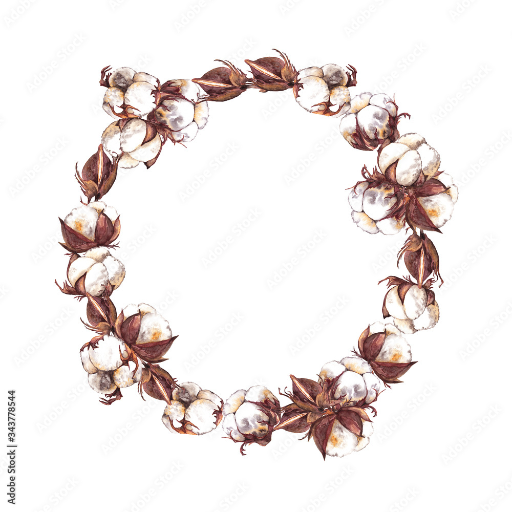 Round floral frame of realistic cotton boxes and buds. Colorful ...