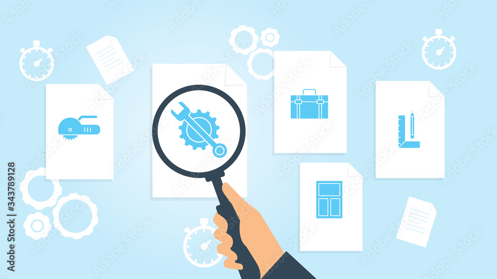 Document with search icons. File and magnifying glass. Analytics ...