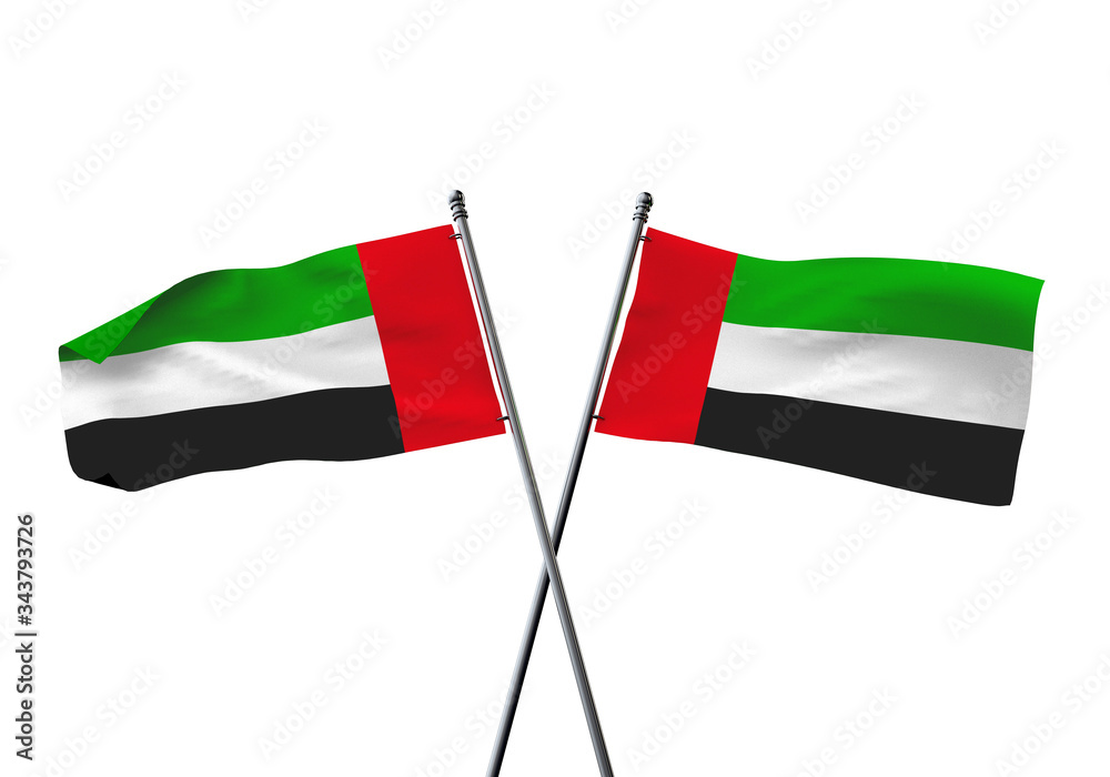 UAE flags crossed isolated on a white background. 3D Rendering Stock ...