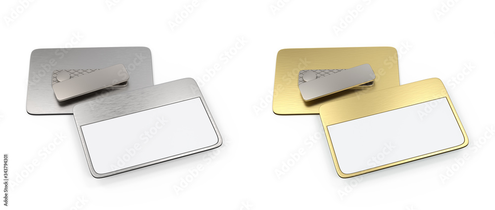 Metal id badges on the magnet of rectangular shape. Identification ...