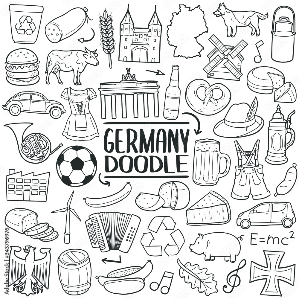 Germany Travel. Famous Symbols Building. Traditional Doodle Drawn ...