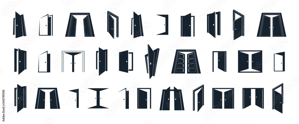 Door icons vector set, flat and 3d dimensional styles symbols, big ...