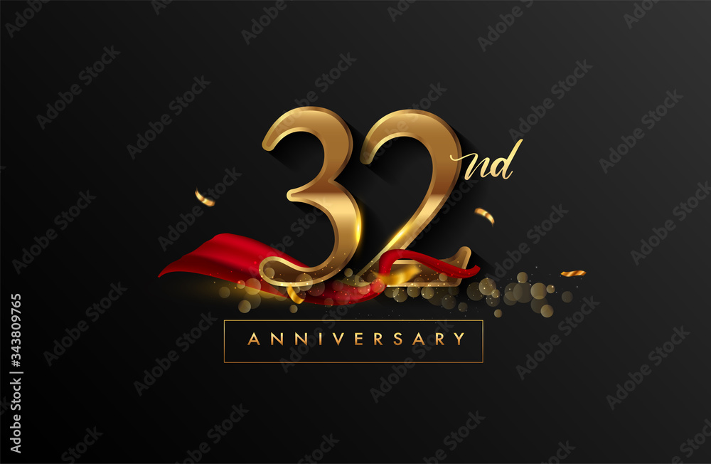 32nd anniversary logo with red ribbon and golden confetti isolated on ...