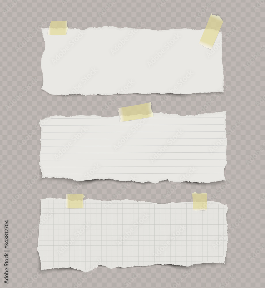 Set of ripped torn notebook papers with yellow sticky tape on ...