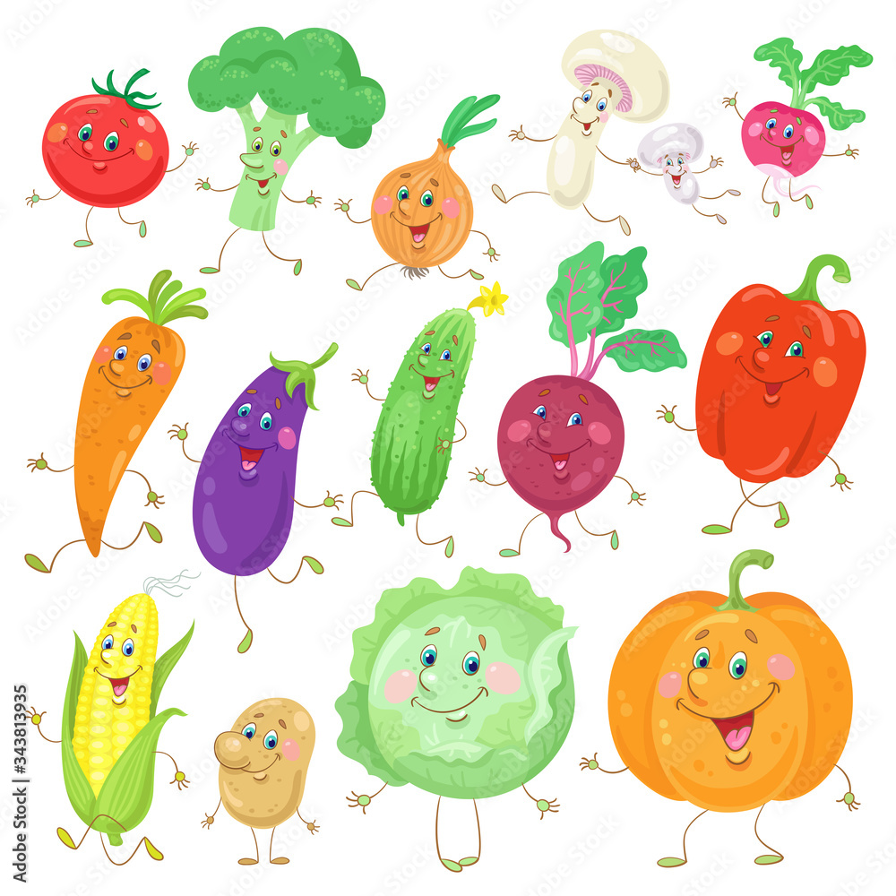 Big set of funny vegetables. In cartoon style. Isolated on white ...