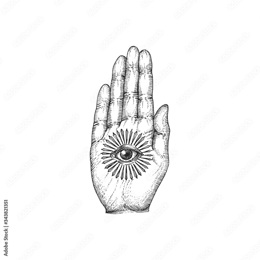 Open hand with Eye of Providence on the palm, vector illustration in ...