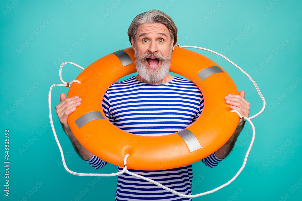 Closeup photo of attractive aged seaman shout boat disaster hold ...