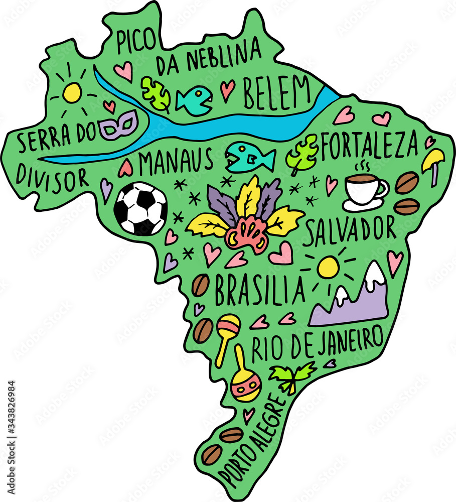 Colored hand drawn doodle Brazil, Brasilia map. brazilian city names ...