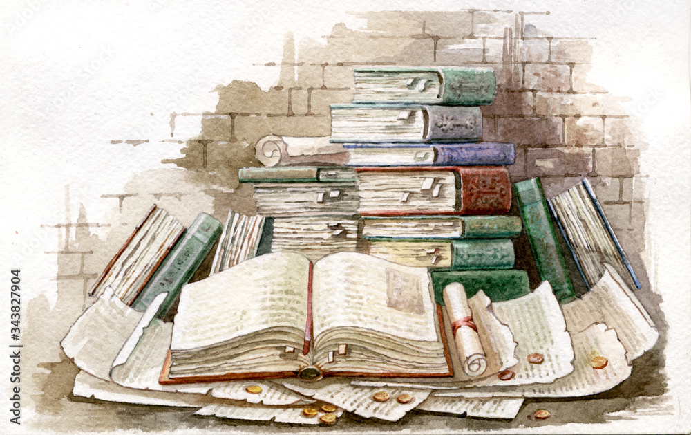 Ancient books and scrolls. Old folios on a stone background. Old books ...