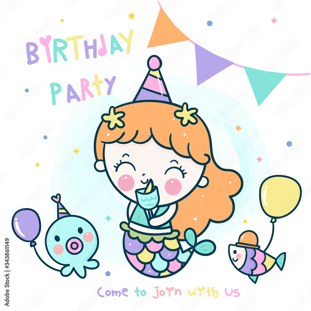 Cute mermaid vector girl cartoon with octopus and fish marine ocean ...