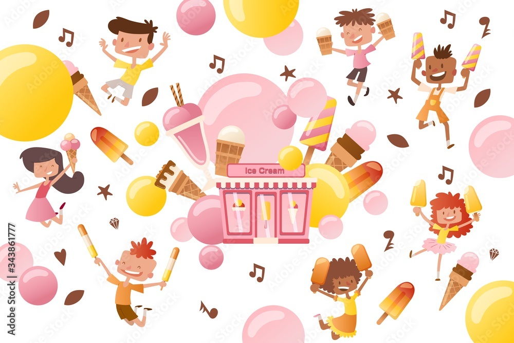 Store fronts ice cream shop, vector illustration. Happy little children ...
