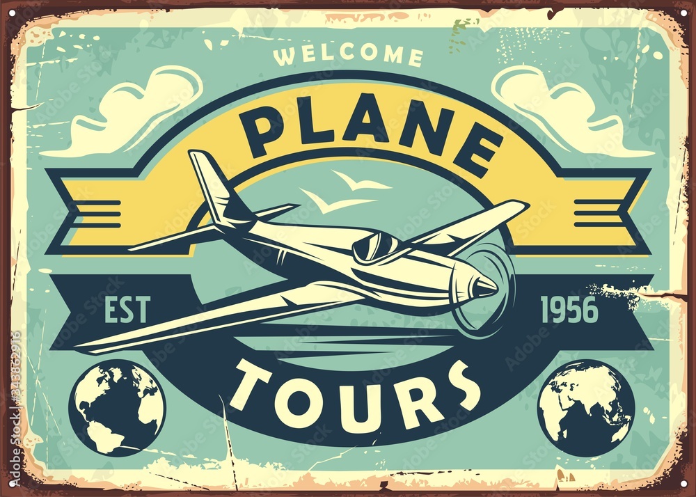 Air transport vintage metal sign with airplane , clouds and earth globe ...