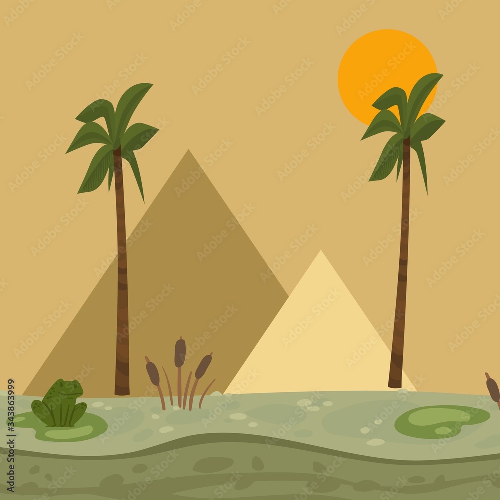 Egypt landscape, pyramid vector illustration. Africa nature, swamp with ...